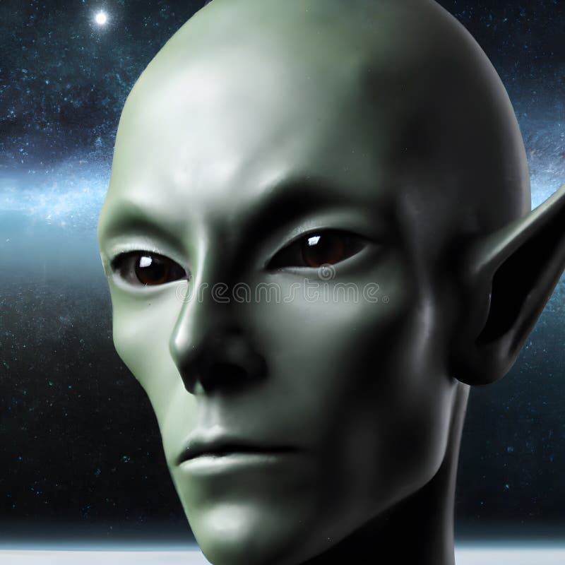 3d Close Up of Alien Face with Space Background. Portrait of a Grey ...