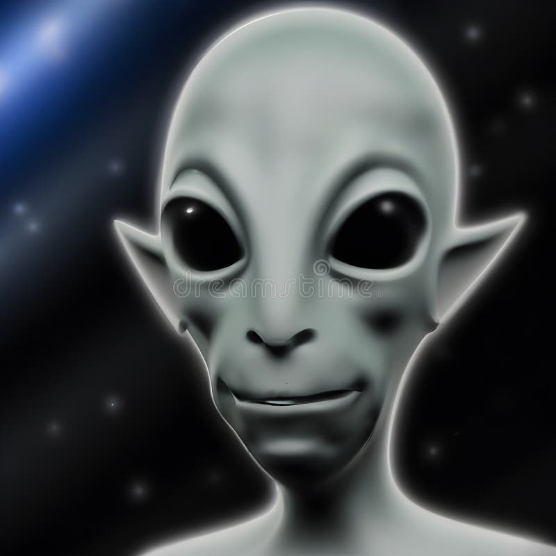 3d Close Up of Alien Face with Space Background. Portrait of a Grey ...