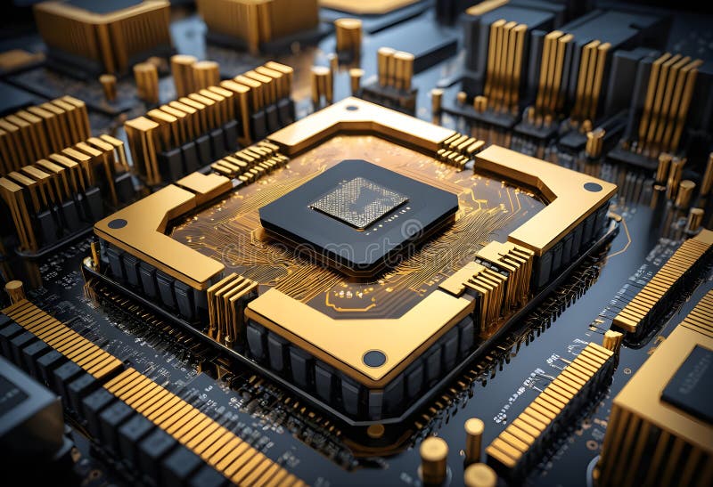 3D Close-up of a Gold Computer Processor Integrated into a Futuristic ...