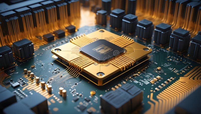 3D Close-up of a Gold Computer Processor Integrated into a Futuristic ...