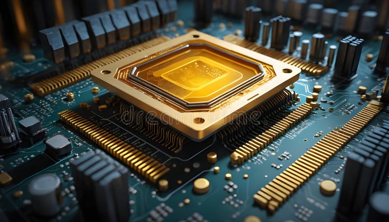 3D Close-up of a Gold Computer Processor Integrated into a Futuristic ...