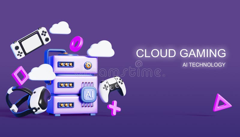 3d Cloud Gaming Banner. Internet Media Service with Computer Server ...