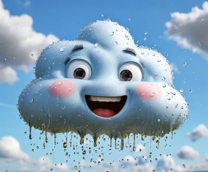 3D Cloud Smiling and Raining on a Blue Background Stock Illustration ...