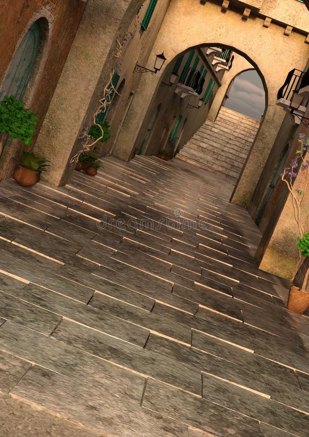 3d Cobblestone Alley with Flowerpots Stock Illustration - Illustration ...