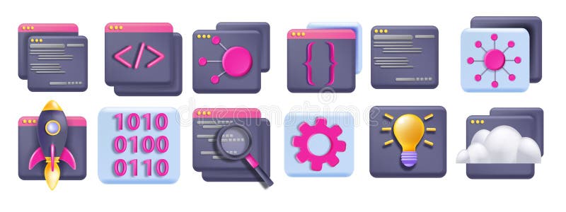 3d Code Icon Set Abstract Api Technology Computer Design Vector