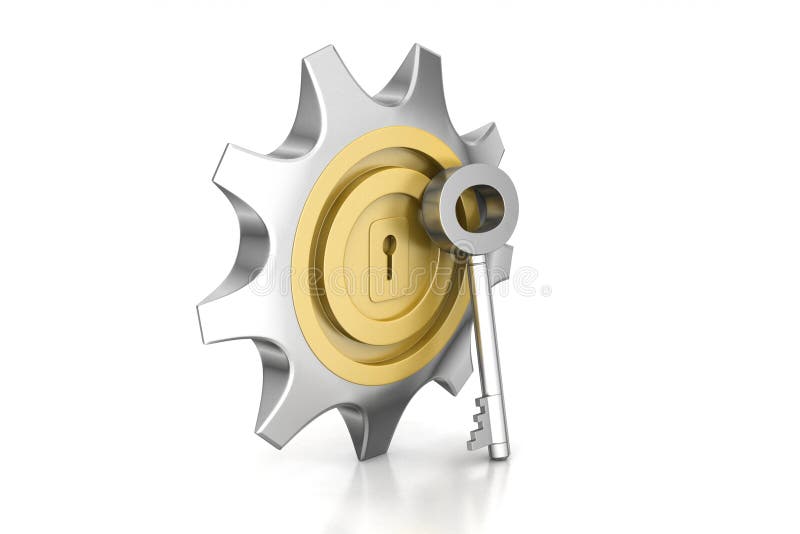 3d cog wheel with key stock illustration. Illustration of preferences ...