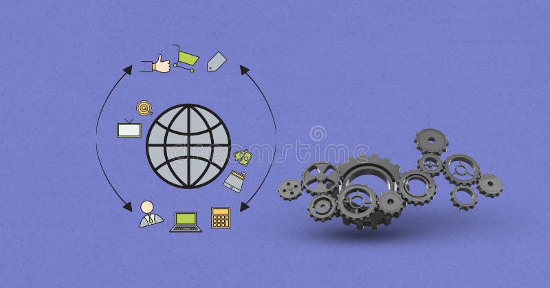 3d Cogs with Globe and Signs Over Purple Background Stock Illustration ...