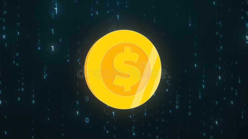 2d Coin Rotation In Center And Digital Data Lots Of Matrix Binary Code