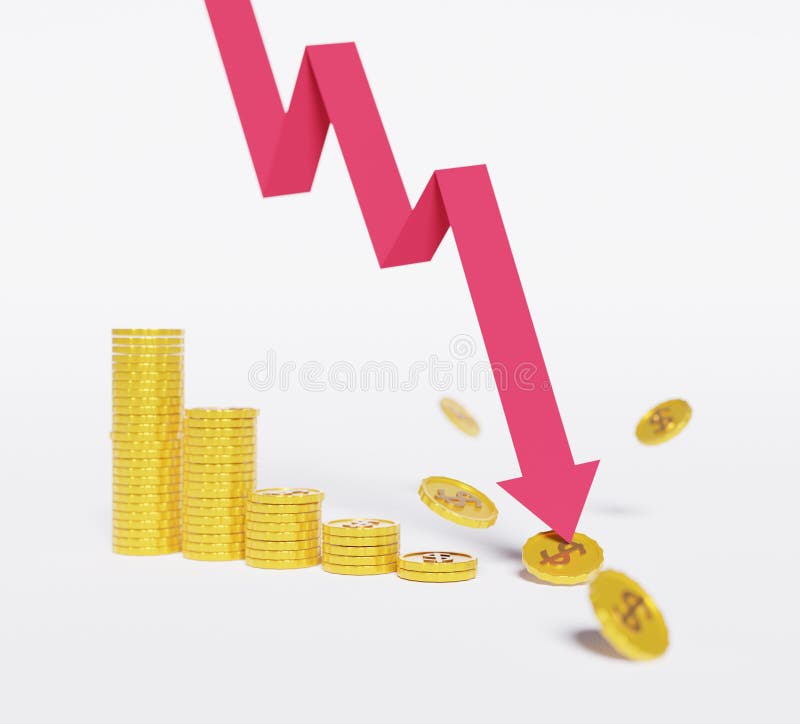3D Coin Stack Chart Down with Red Arrow. Concept of Economic Crisis or ...