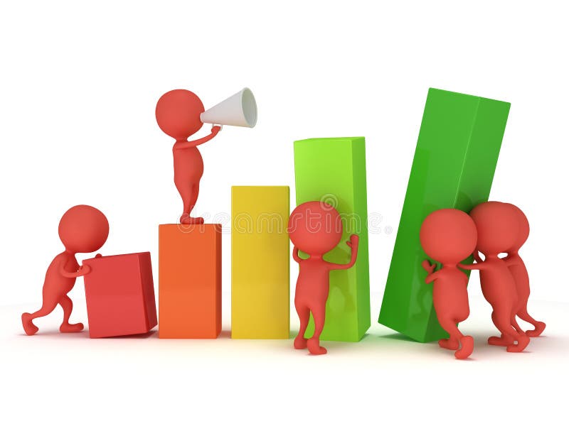 3D Colored Bar Graph with Team of Red People Stock Illustration ...