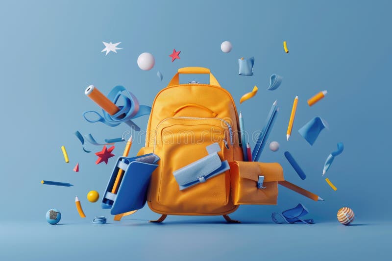 3D Colorful Backpack Surrounded by Floating School Supplies Against a ...