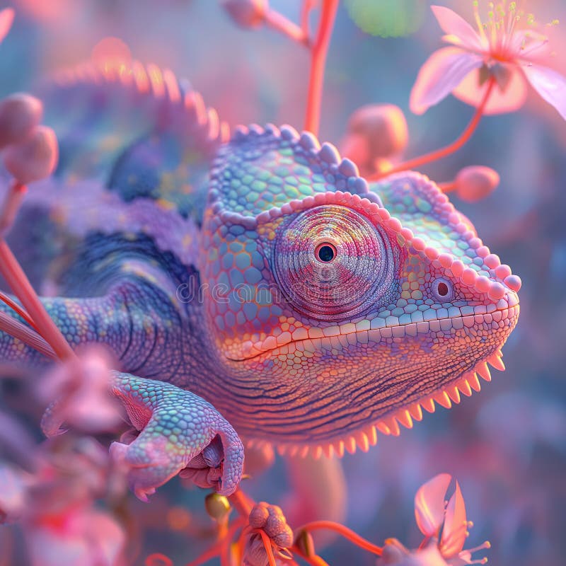 3D Colorful Neon Chameleon Close Up Stock Illustration - Illustration ...