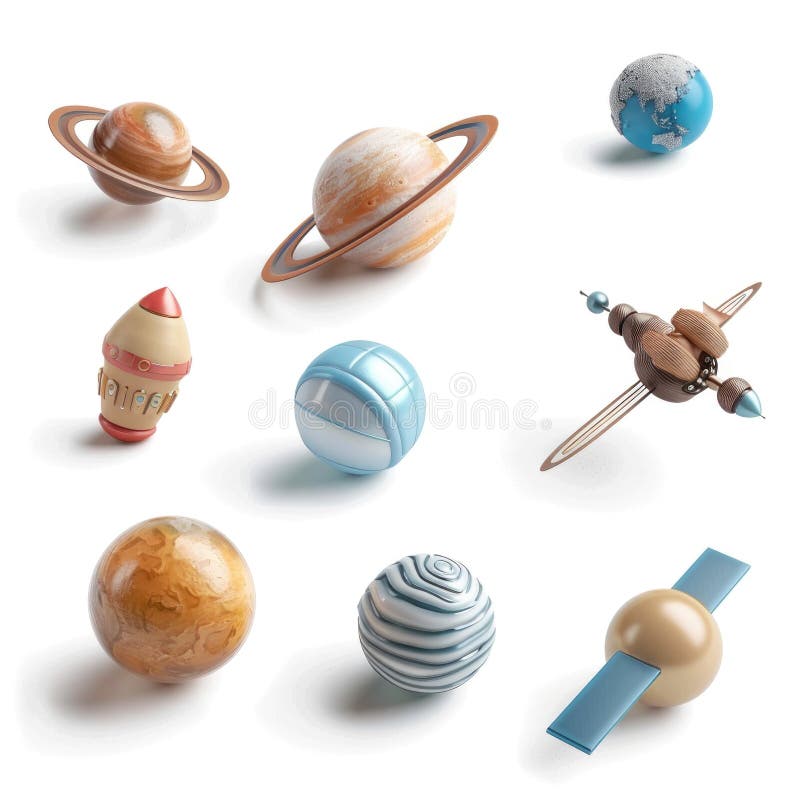 3D Colorful Planets and Moons in White Background Stock Illustration ...