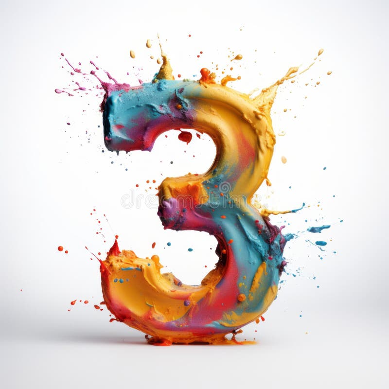 Colorful 3d Paint Splashes with 3rd Digit on White Background Stock ...