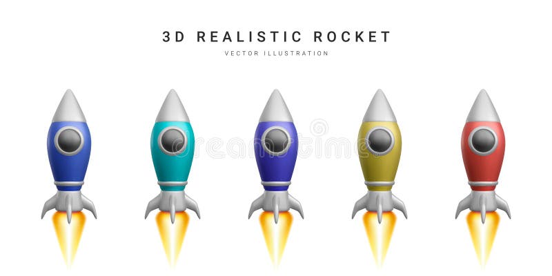 3d Colour Rocket Set. Realistic Space Ship Isolated on a White ...