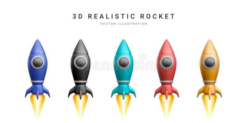 3d Colour Rocket Set. Realistic Space Ship Isolated on a White ...