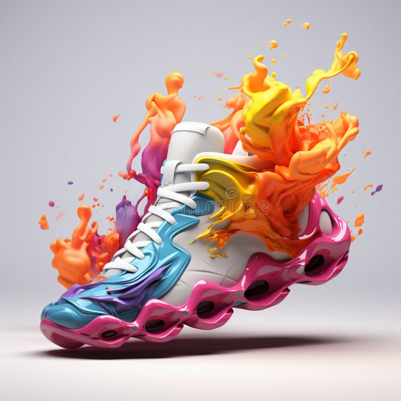 3D Colourful Sneaker Shoe Splashed with Colored Liquid on White ...