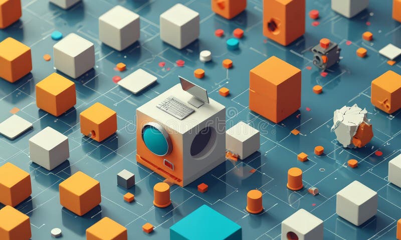 3D Complex Arrangement White, Orange, and Blue Cubes and Spheres, with ...