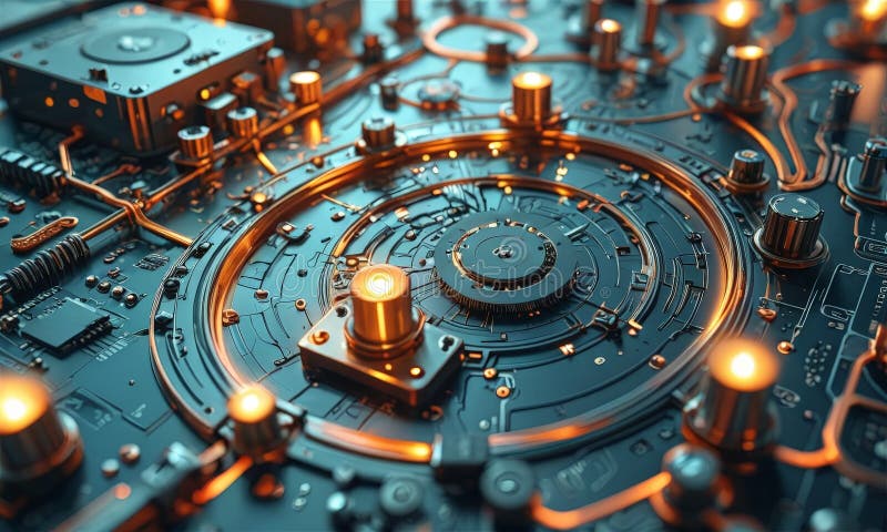 3D Complex Circuit Board Features Central Circular Component Surrounded ...