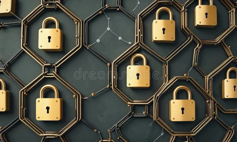 3D Complex Network Hexagonal Shapes, Each Adorned with Gold Lock ...