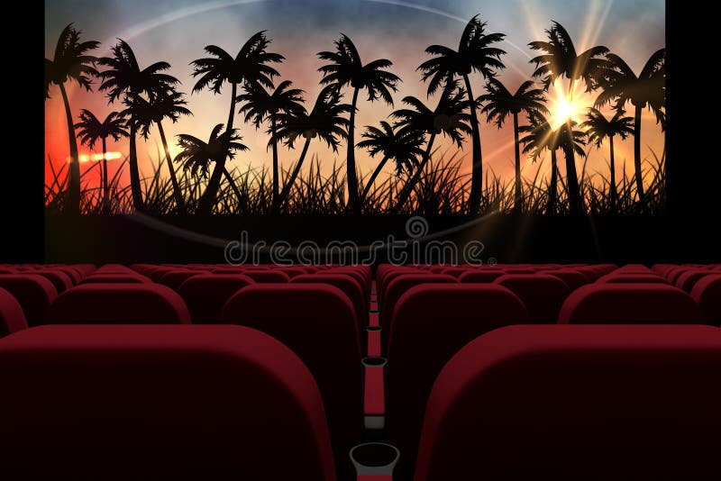 3d Composition of Cinema Seats Facing Sunset View with Palms Stock ...
