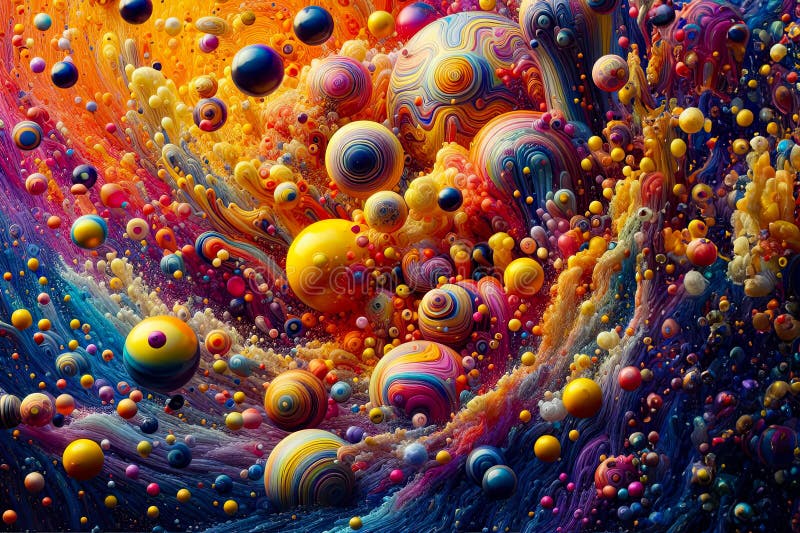 3D Composition of Multi-coloured Spheres Floating on a Bright Rainbow ...