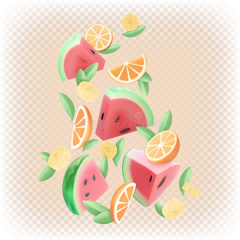 3D Composition of Watermelon, Orange, Banana and Mint Pieces. Vector ...