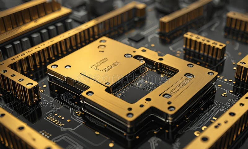 3D Computer Circuit Board Features Gold-colored Metallic Components ...