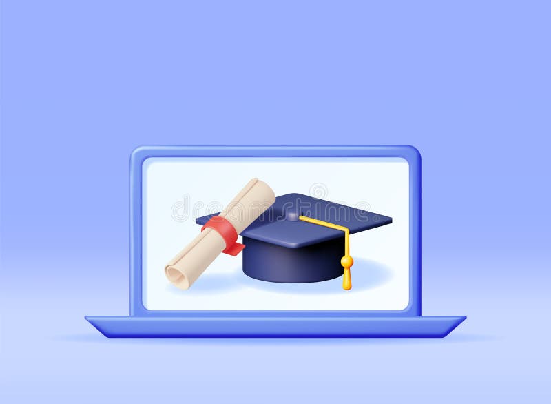3D Computer with Graduation Cap and Diploma Stock Vector - Illustration ...