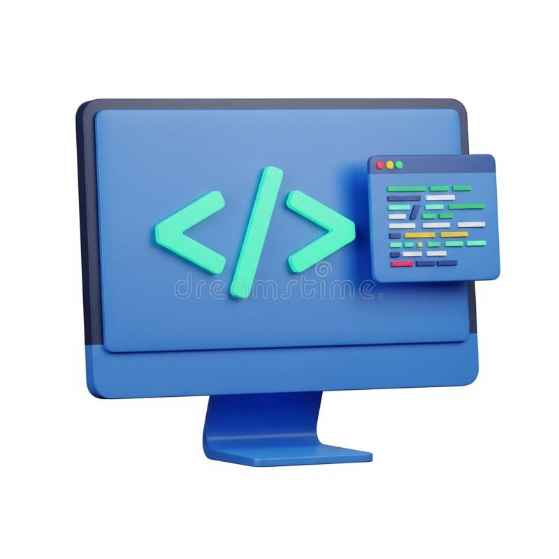 3D Computer Monitor Displaying Coding Symbols and a Software Window Keywords: Computer, Monitor ...