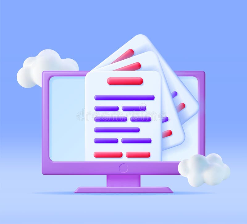 3D Computer with Pile of Paper Documents Stock Vector - Illustration of ...