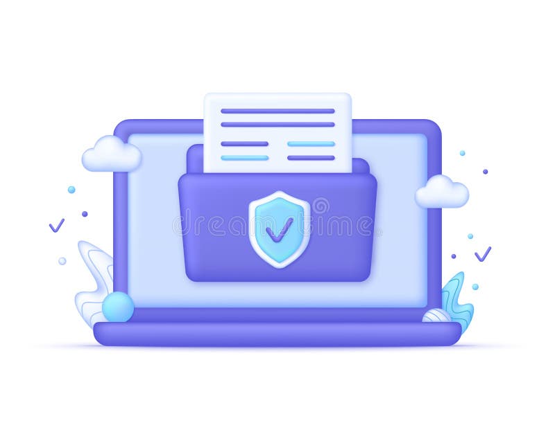 3d Computer And Secure Confidential Files Folder With Paper Documents Access Data Files