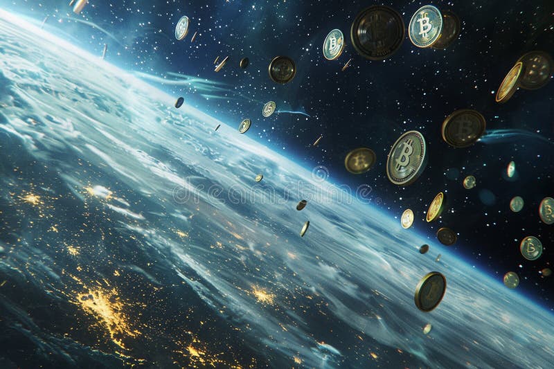 A 3D Concept Image of Bitcoins Orbiting Around a Digital Earth Stock ...