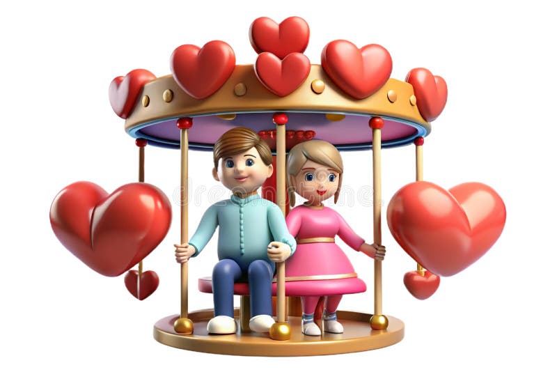 3D Couple Riding Carousel Surrounded by Heart Balloons Stock ...