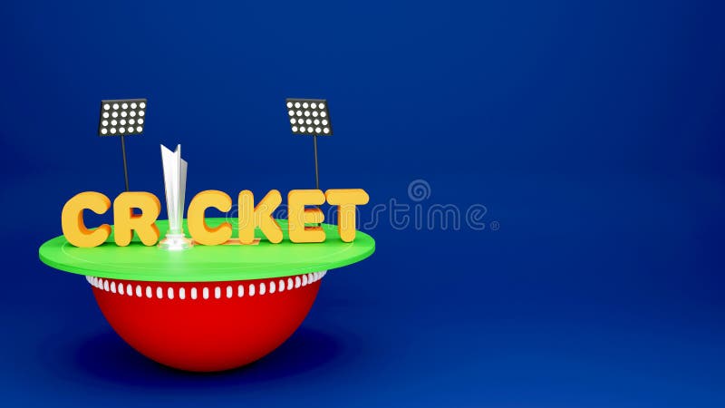 3D Cricket Font with Silver Trophy Cup, Stadium Lights on Half Ball ...