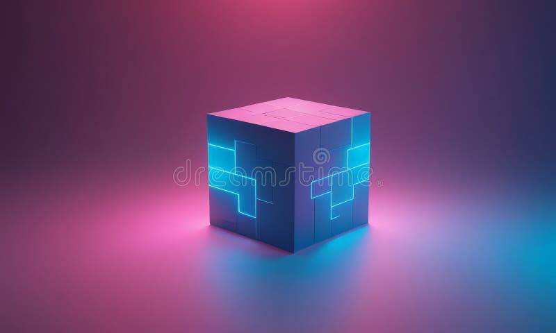 3D Cube with Blue and Pink Lights Casts Shadow on Gradient Background ...