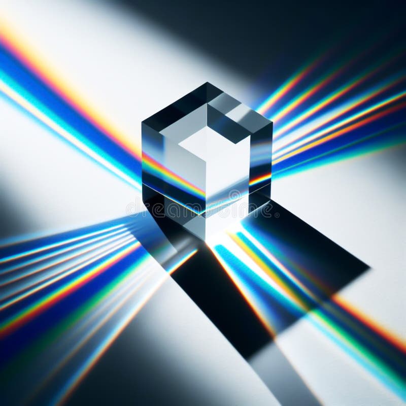 3D Cube with Refraction and Holographic Effect Light on Dark Background ...