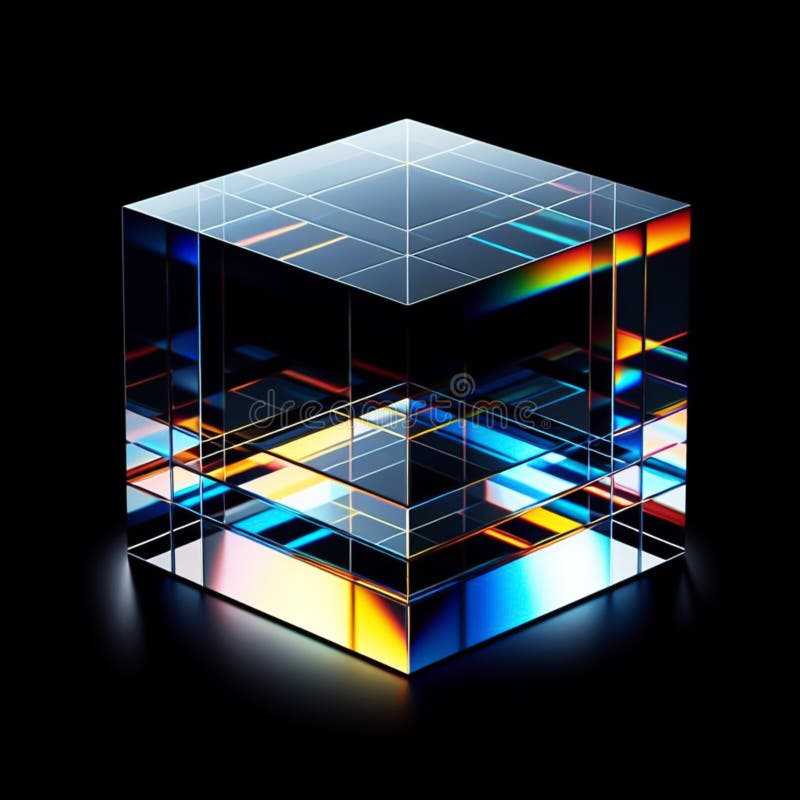 3D Cube with Refraction Light and Holographic Effect on Dark Background ...