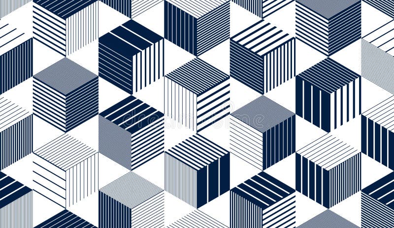 3D Cubes Seamless Pattern Vector Background, Lined Dimensional Blocks ...