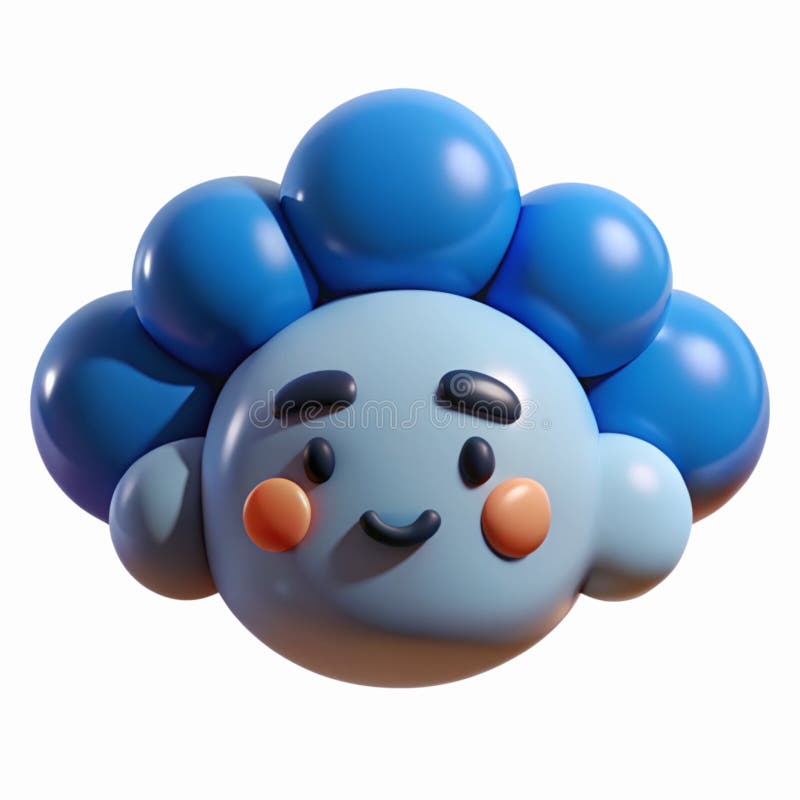 3D Cute Blue Cartoon Cloud Face with Smiling Expression and Cheeks on ...