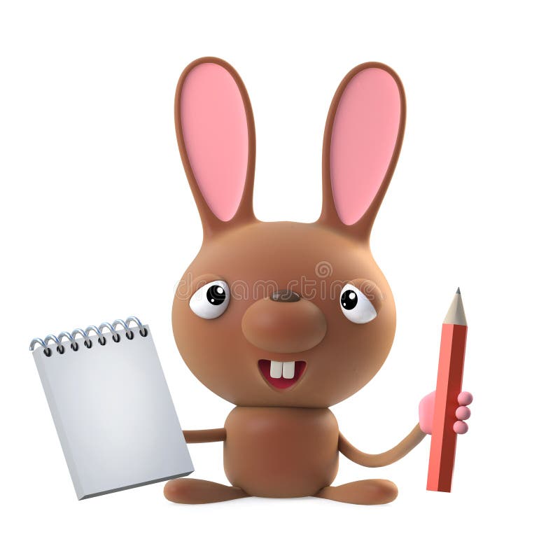 3d Cute Cartoon Easter Bunny Rabbit Character with a Notepad and Pencil ...