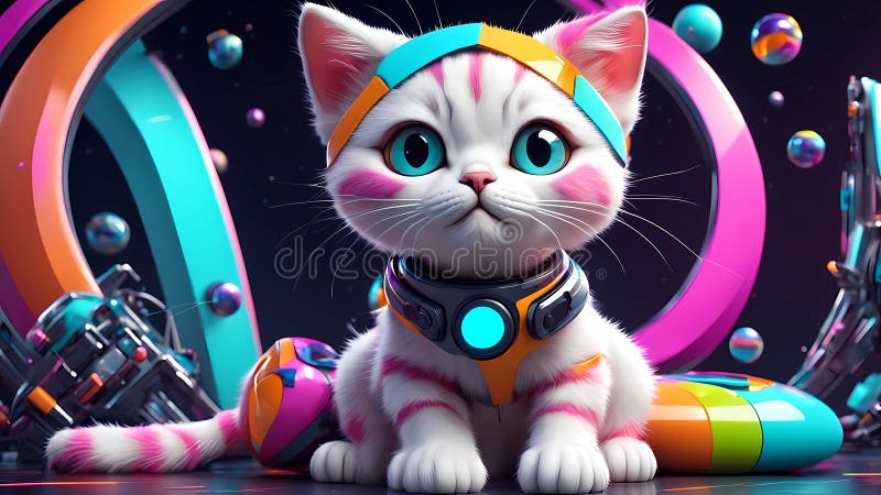 3D Cute Cat with Full of Colors and Futuristic Stock Illustration ...