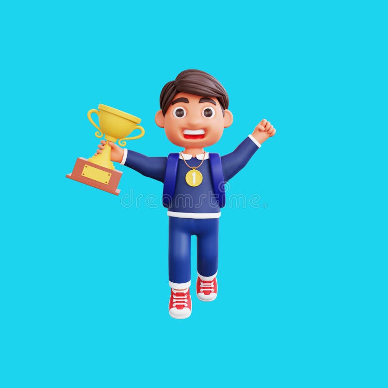 3d Cute Character Champion Get Trophy and Medal Back To School Concept ...