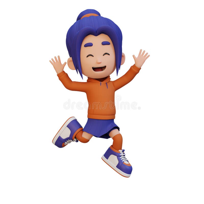 3D Cute Girl in Jumping Pose Stock Photo - Illustration of happy ...