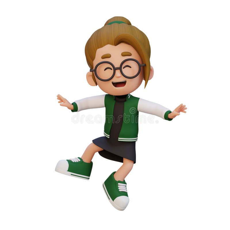 3D Cute Girl in Jumping Pose Stock Image - Illustration of student ...
