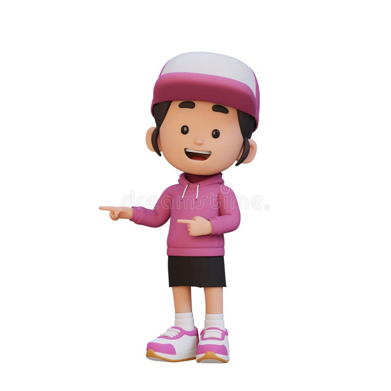 3D Cute Girl Pointing Hand To the Side Stock Illustration ...