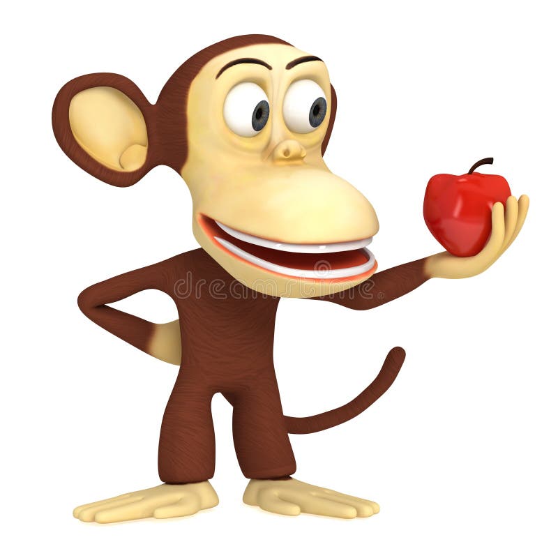 3d Cute Monkey with Red Apple Stock Illustration - Illustration of ...