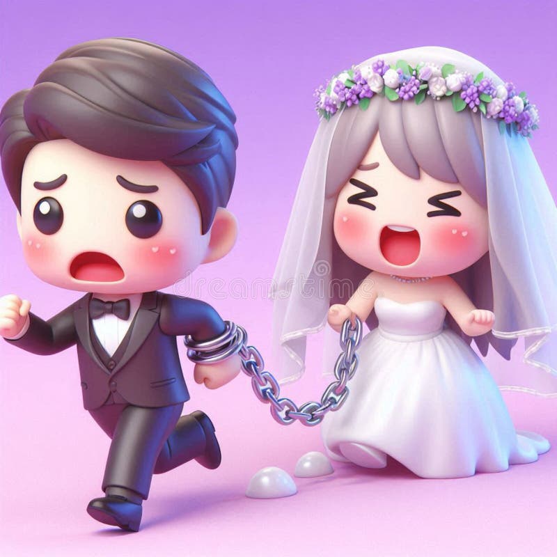 3d Cute Scared Groom Chained Figure Run from Crying Bride Stock ...