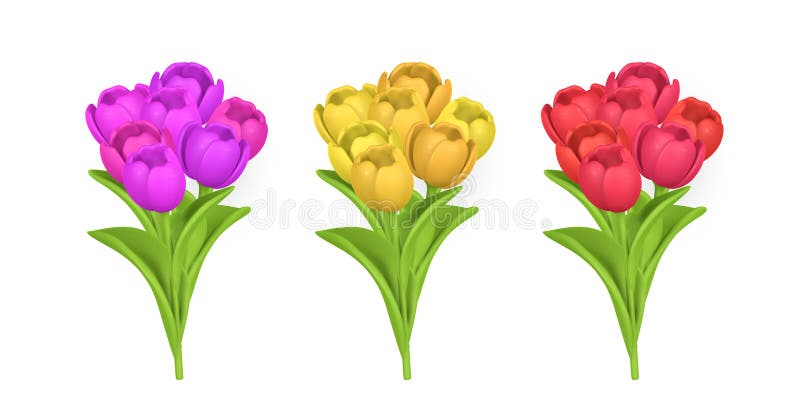 3D Cute Colorful Spring Flower Tulip in Cartoon Style for Bouquet or ...