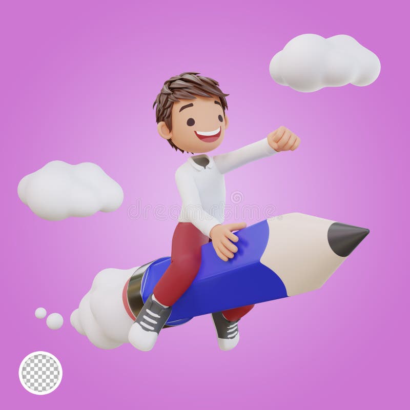 3d Rendered Cute Student Character is Flying on a Pencil Stock Photo ...
